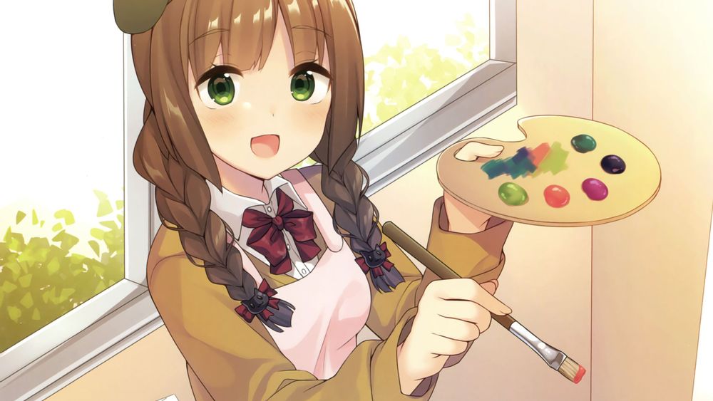 Charming anime girl with paint palette - free desktop wallpaper