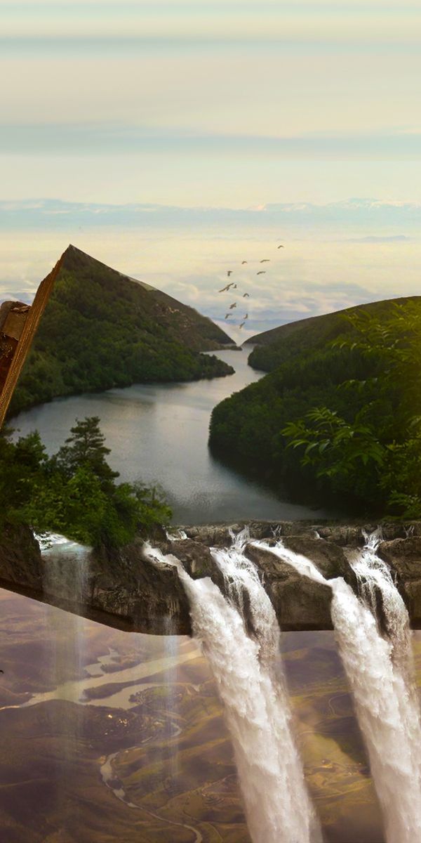 Desktop wallpaper: Book, Fantasy, Manipulation, River, Waterfall 4K ...