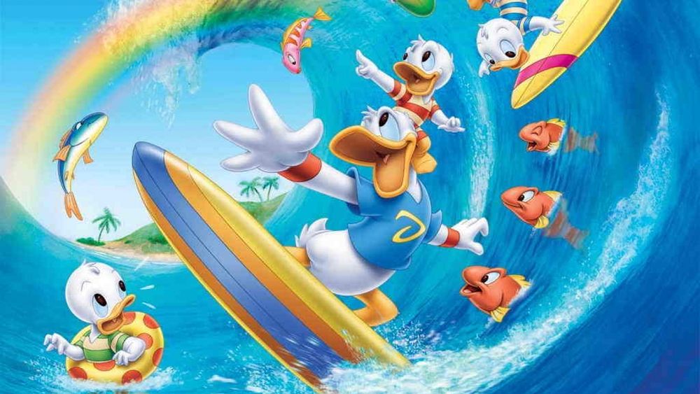 Fond d'écran coloré Disney avec Donald et la famille Canard surfant