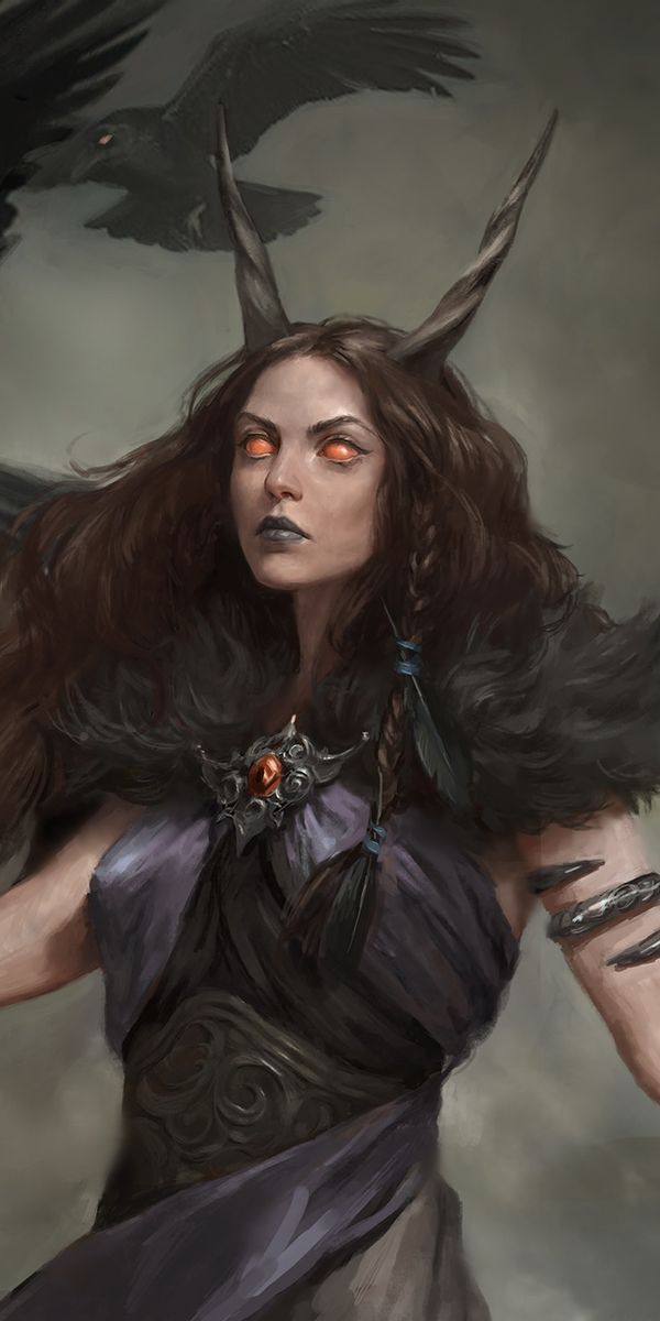 Phone wallpaper: Fantasy, Witch, Brown Hair, Crow, Horns, Staff 953265