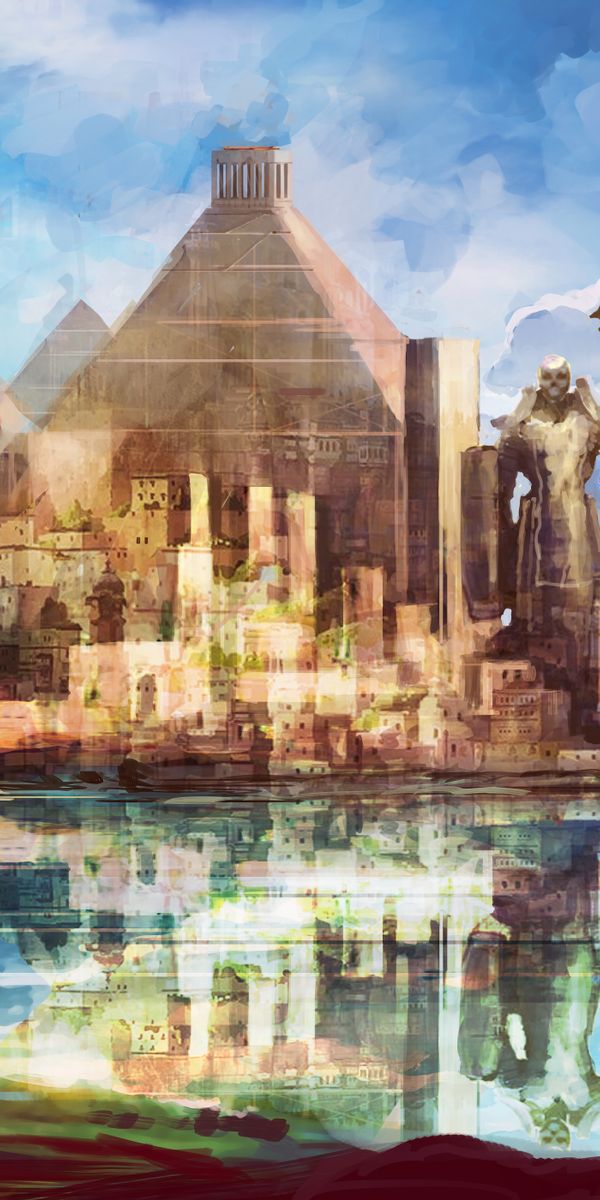 Phone wallpaper: Fantasy, City, Statue, Reflection, Pyramid, Lake 1415081