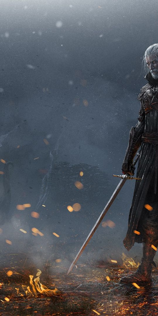 Phone wallpaper: Fire, Warrior, Sword, Video Game, White Hair, The ...