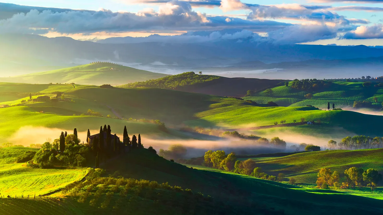 Desktop wallpaper: Nature, Trees, Fog, Tuscany, Fields, Italy, View ...