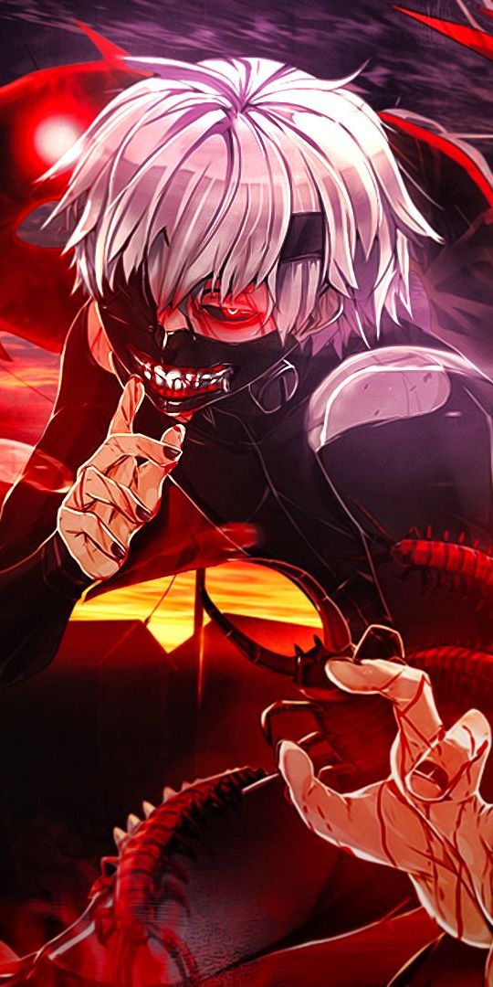 Phone wallpaper: Anime, Blood, Mask, Red Eyes, White Hair, Centipede ...
