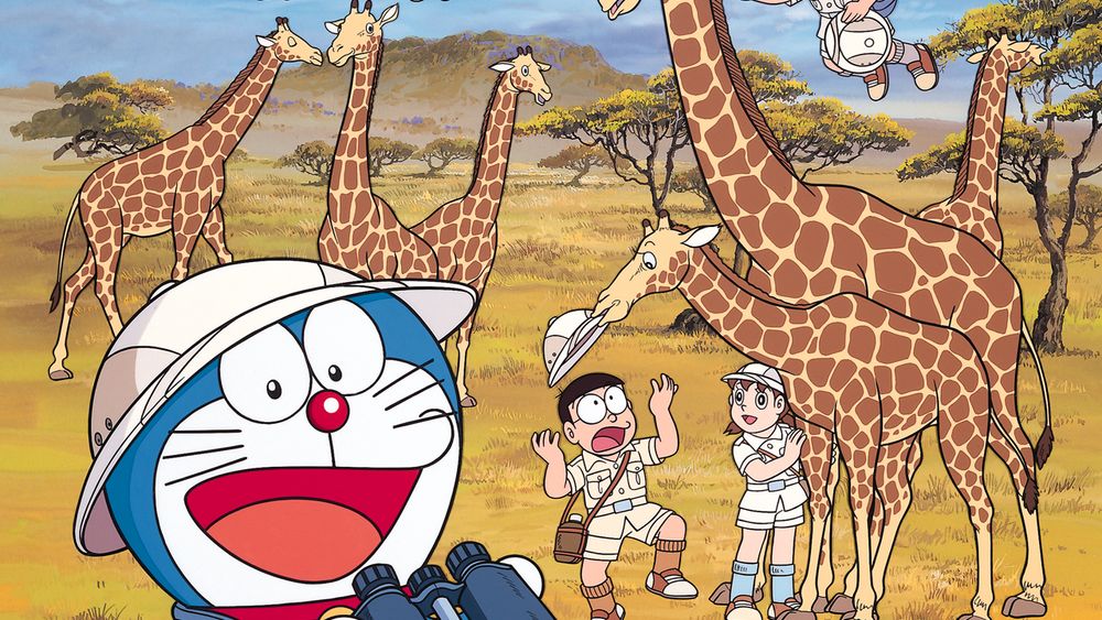 Doraemon and Friends with Giraffes - Fun Anime PC wallpaper