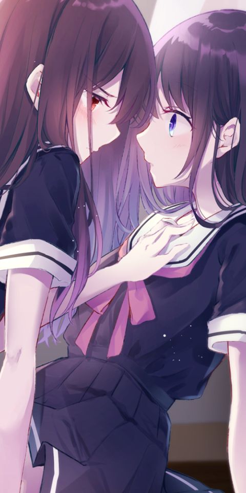 Phone wallpaper: Anime, Girl, Yuri, Red Eyes, Blue Eyes 1403011