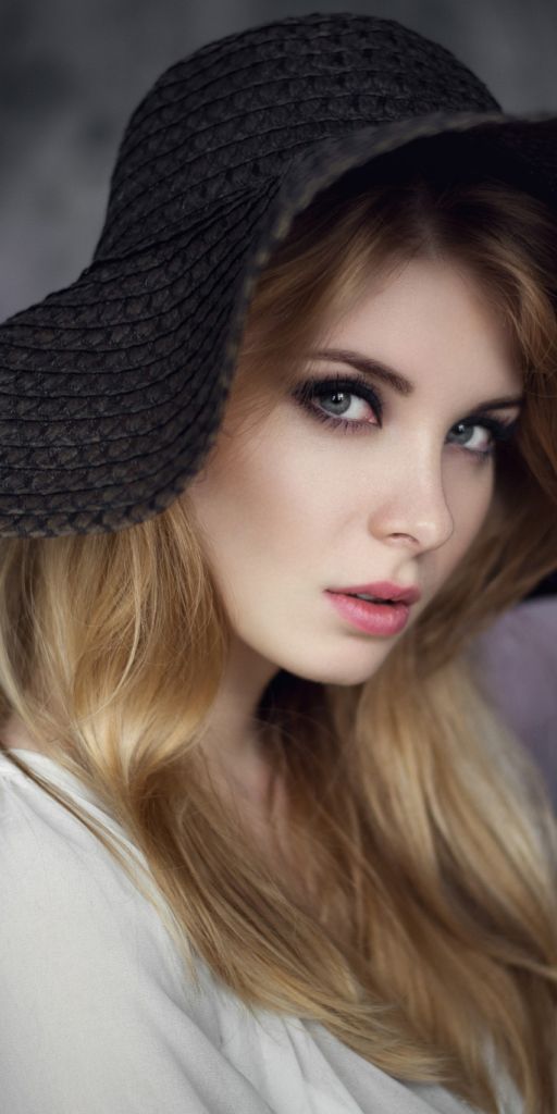 Phone wallpaper: Women, Model, Face, Hat, Bokeh, Blue Eyes, Blonde 1330765