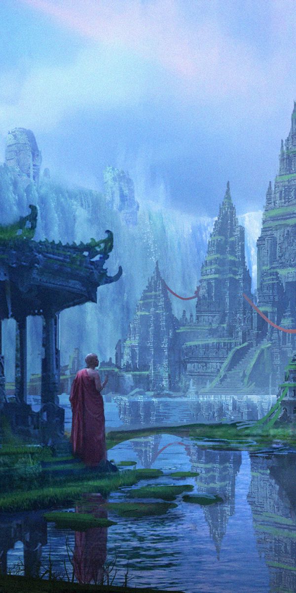 Desktop wallpaper: Water, Fantasy, Tower, Temple, Monk 4K free download ...