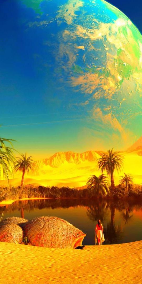 Phone wallpaper: Oasis, Pyramid, Desert, Fantasy, Landscape, Cat ...