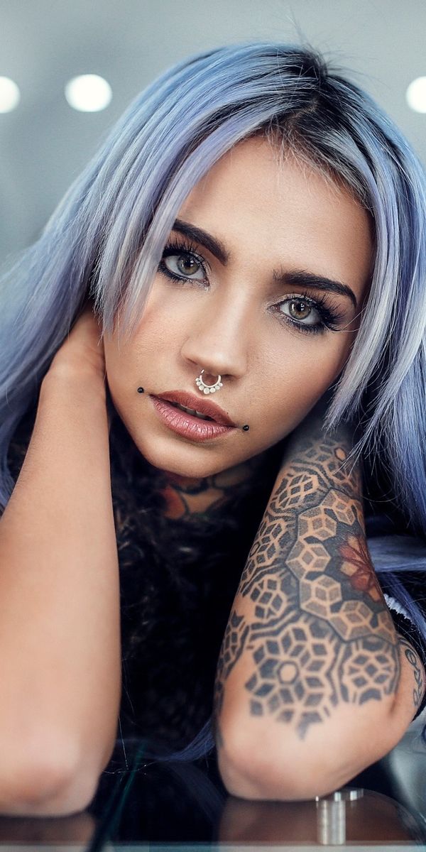 Phone wallpaper: Tattoo, Women, Model, Blue Hair, Hazel Eyes 783665