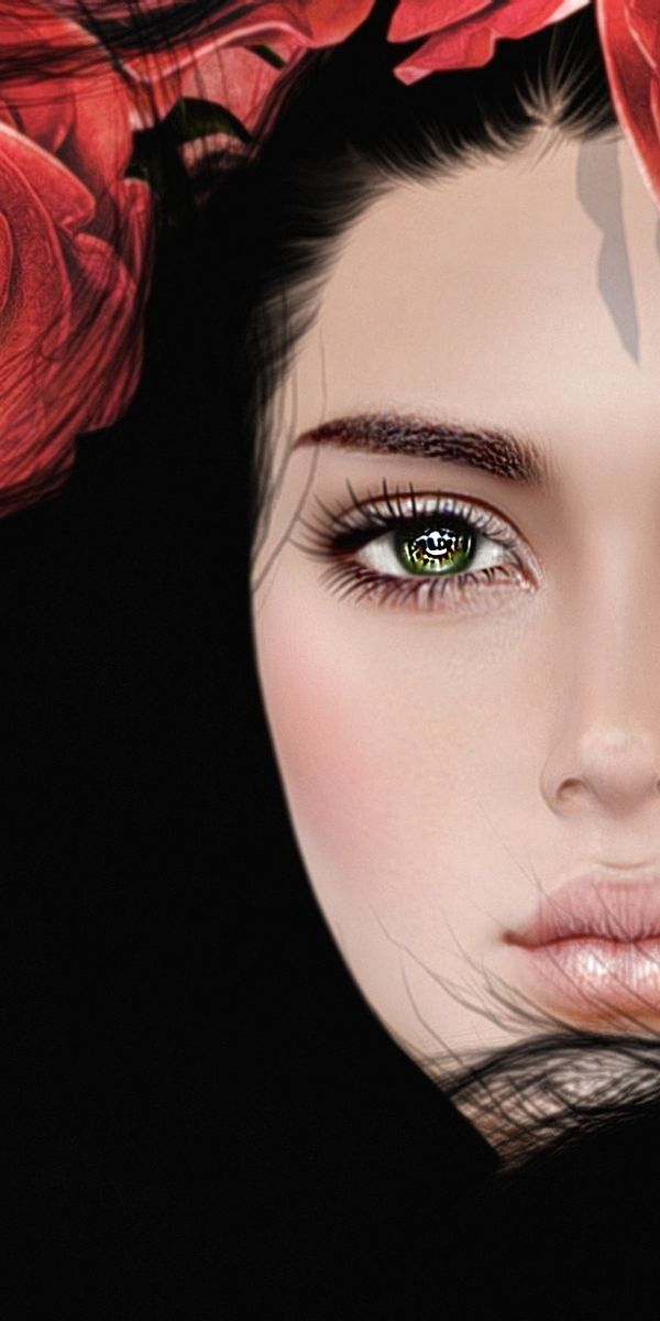 Desktop wallpaper: Red Flower, Fantasy, Women, Black Hair, Green Eyes ...
