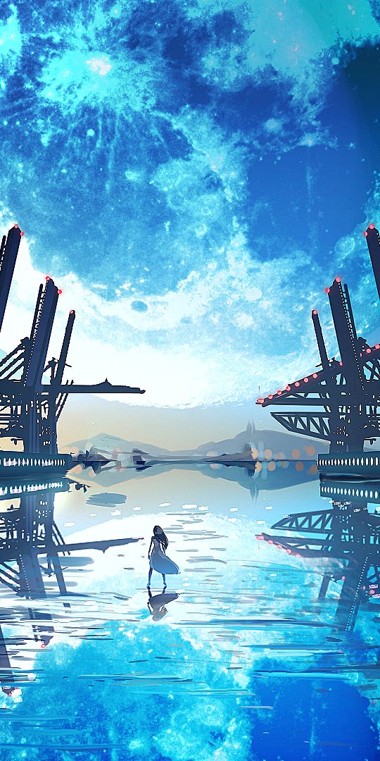 Phone wallpaper: Original, Anime, Moon, Reflection, Horizon, Dress 809594